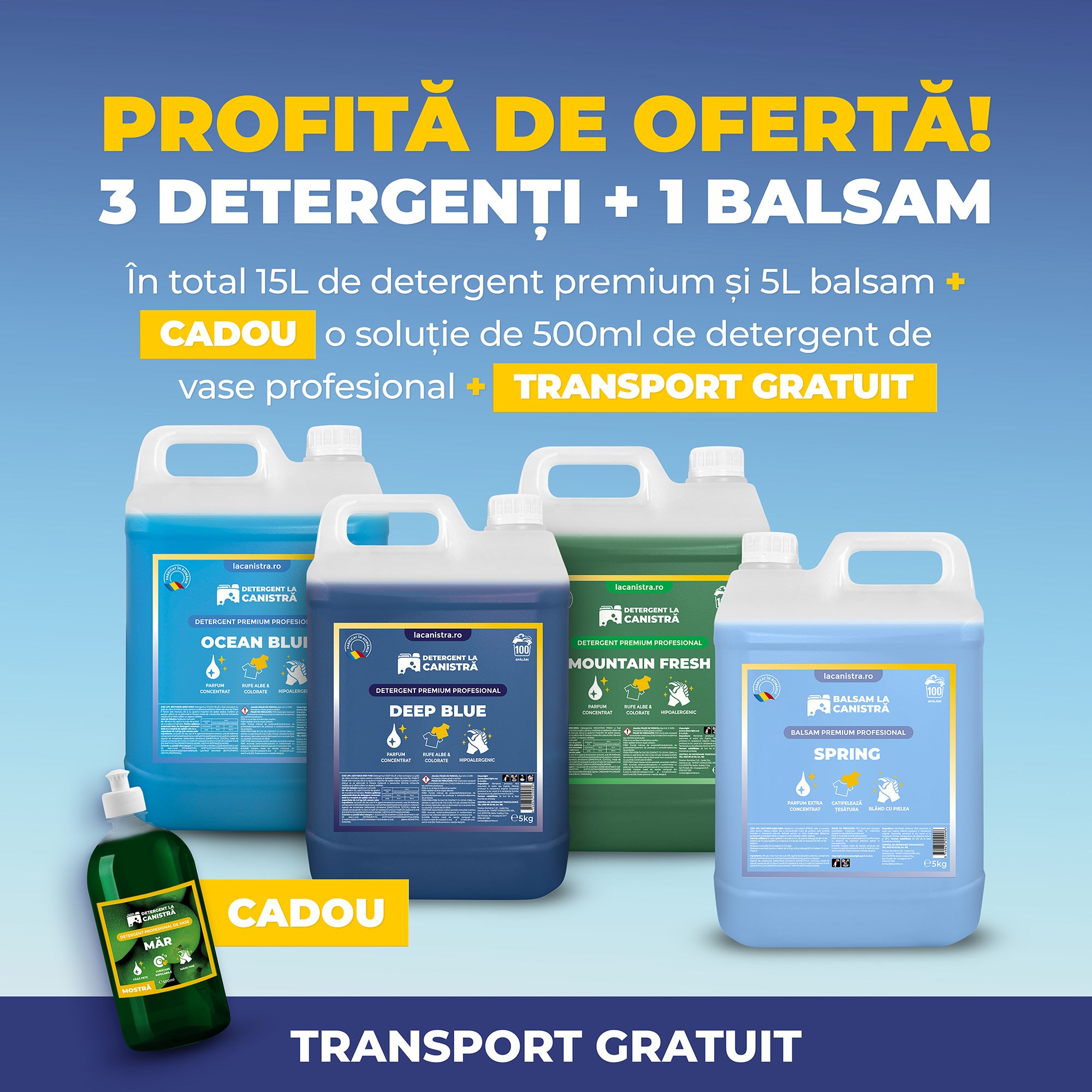 Pachet Family - Detergent 3x5L + Balsam 5L + 500 ml Detergent Vase Cad ...